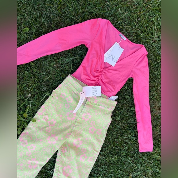 Zara | Jeans | Zara Jeans Womens 4 Green Pink Floral Print Flare Crop Stretch Denim Y2k 200s ...